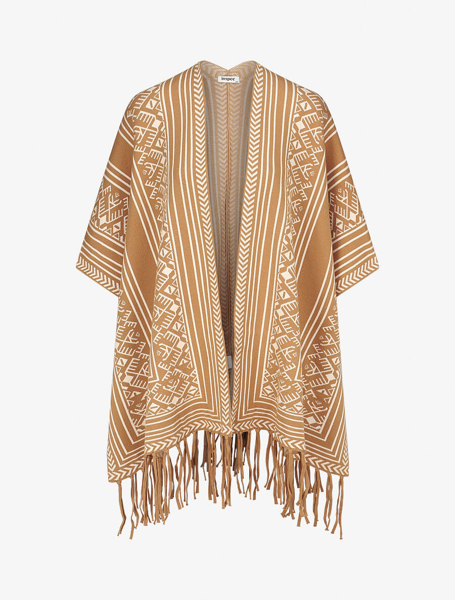 Poncho à imprimé graphique et franges - Camel | Stand-Prive