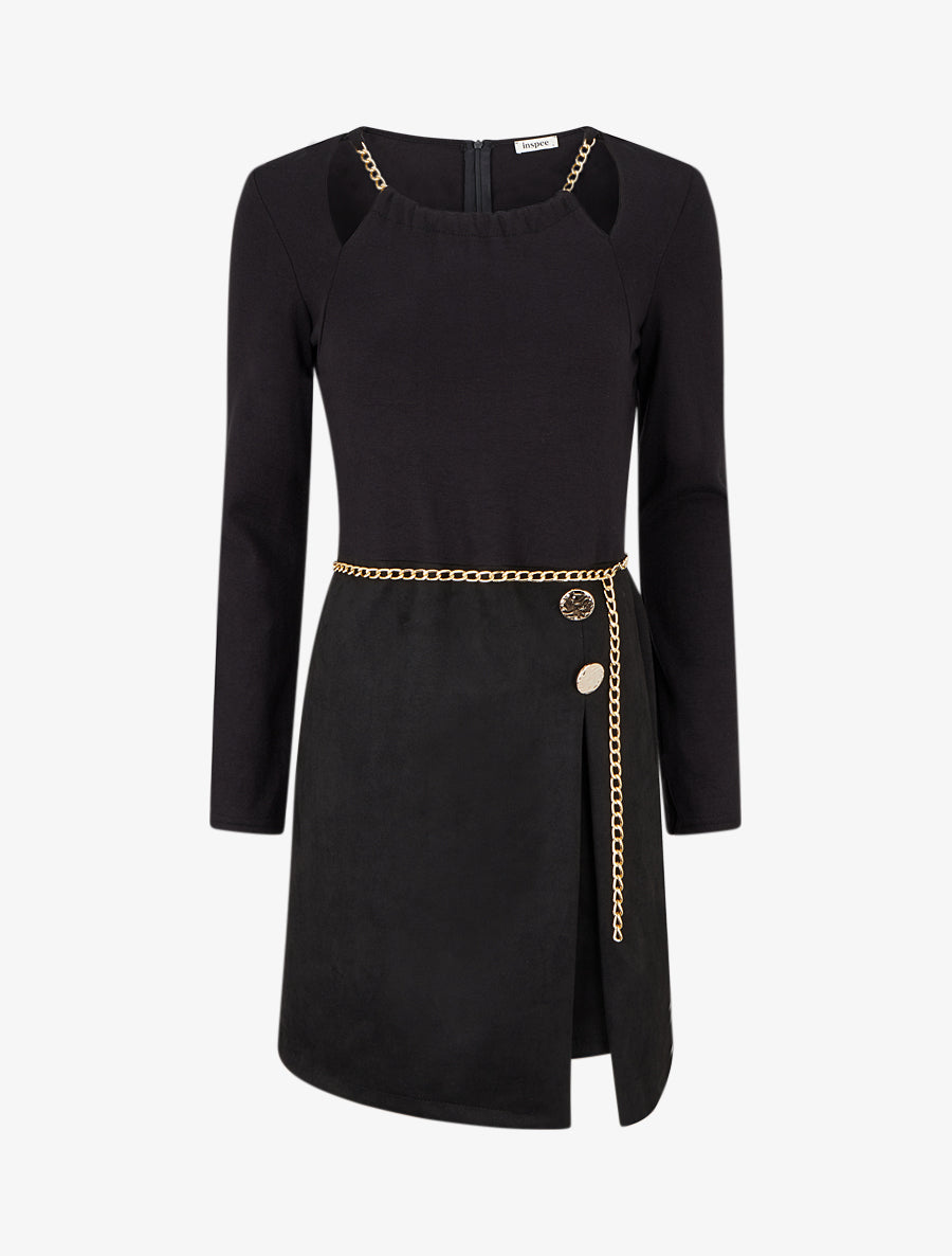 Robe fendue à col détail chaînes - Noir | Stand-Prive