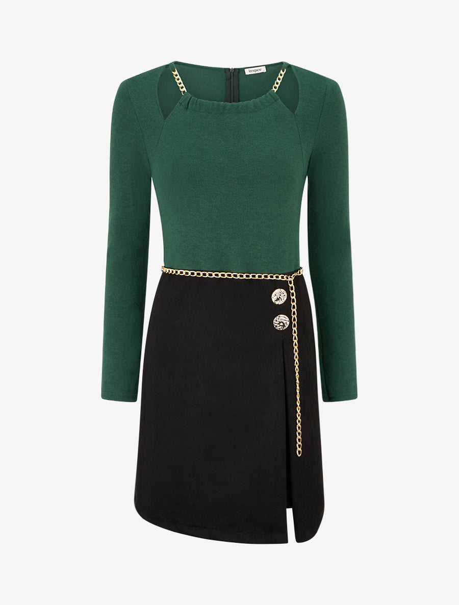 Robe fendue à col détail chaînes - Vert sapin | Stand-Prive