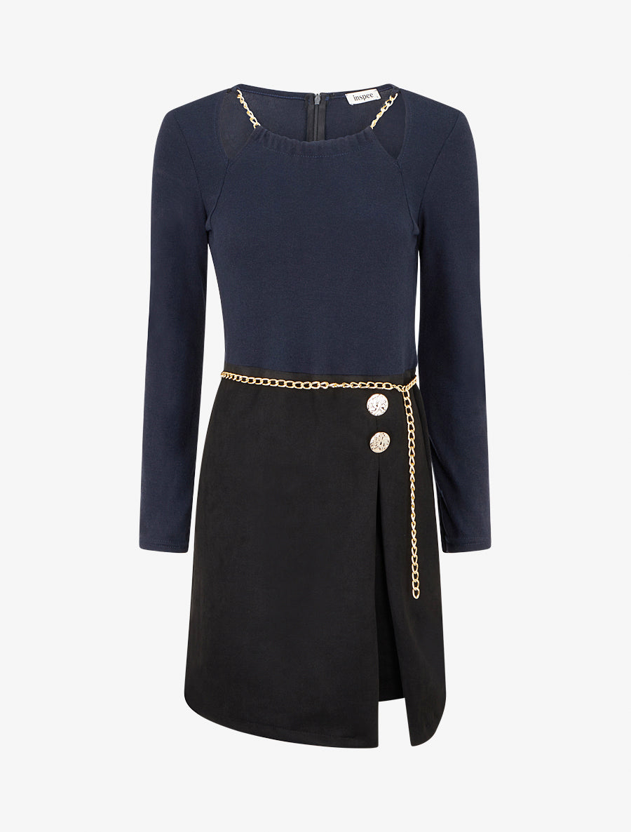 Robe fendue à col détail chaînes - Bleu nuit | Stand-Prive