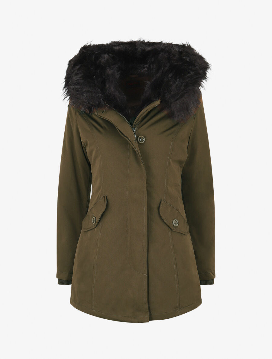 Parka uni à fourrure synthétique amovible - Kaki/noir | Stand-Prive